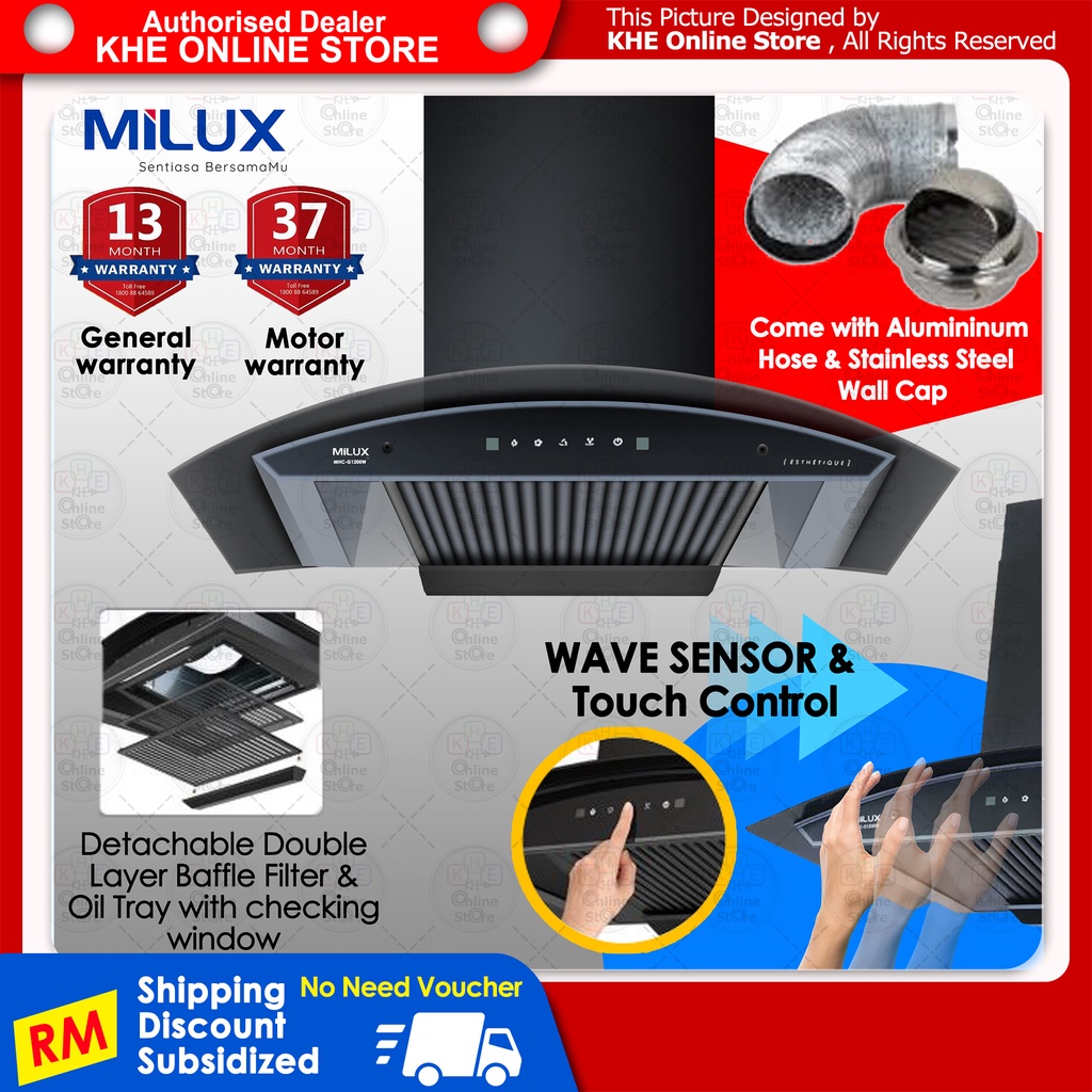 Milux Chimney Cooker Hood With Wave Sensor And Touch Control MHC-G1200W ...