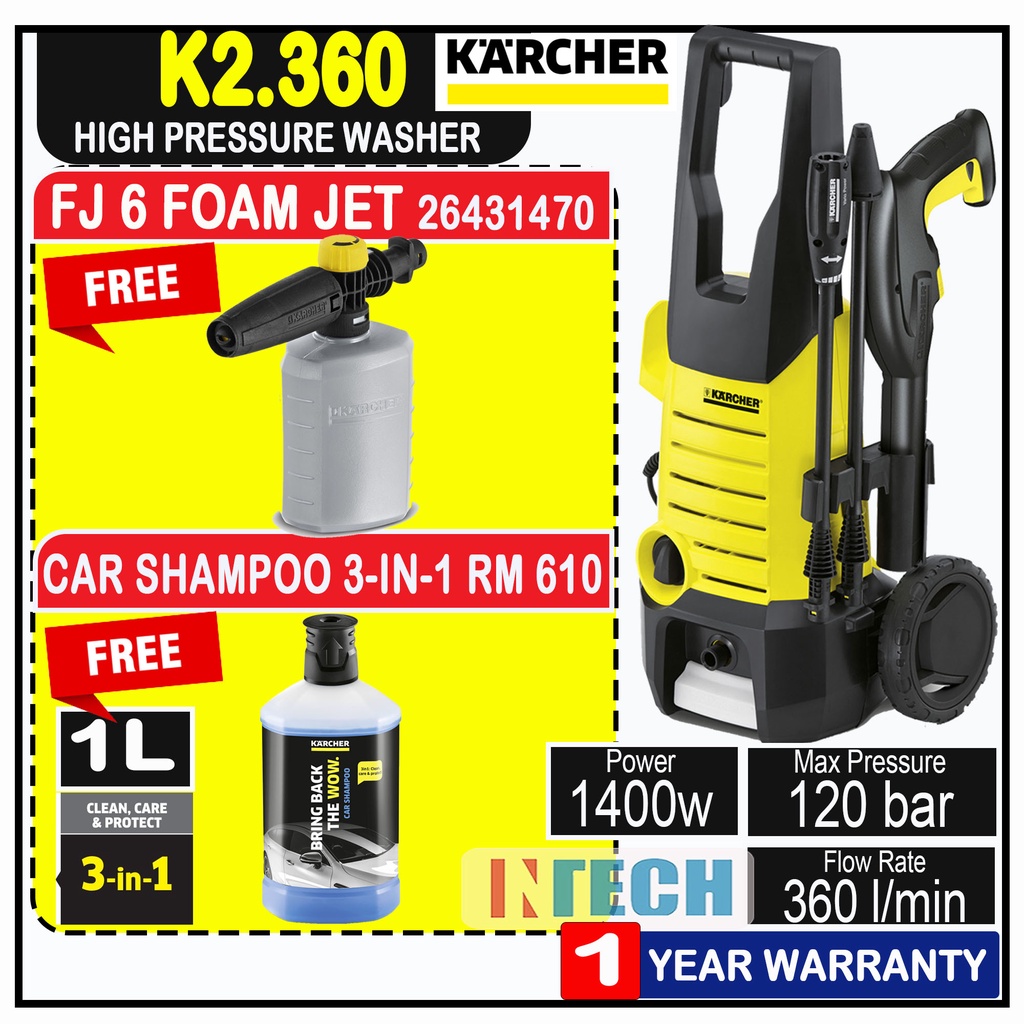 KARCHER K2.360 / K2360 HIGH PRESSURE WASHER KARCHER 120 BAR + FJ6 FOAM NOZZLE + RM610 3-IN-1 CAR ...