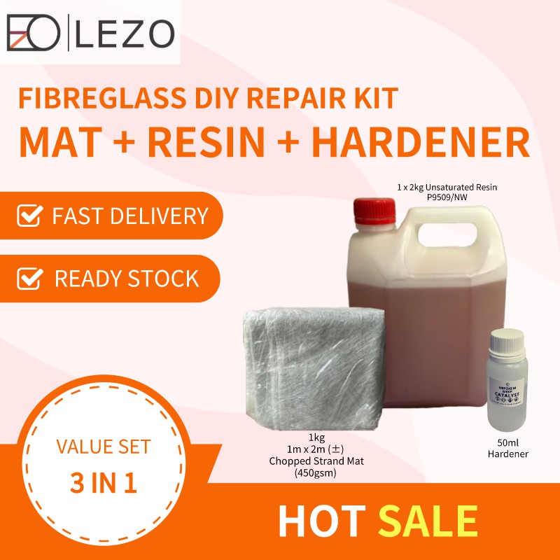 LEZO FRP FIBREGLASS DIY KIT SET (2kg RESIN, 1kg FIBREGLASS MAT, 50ml ...