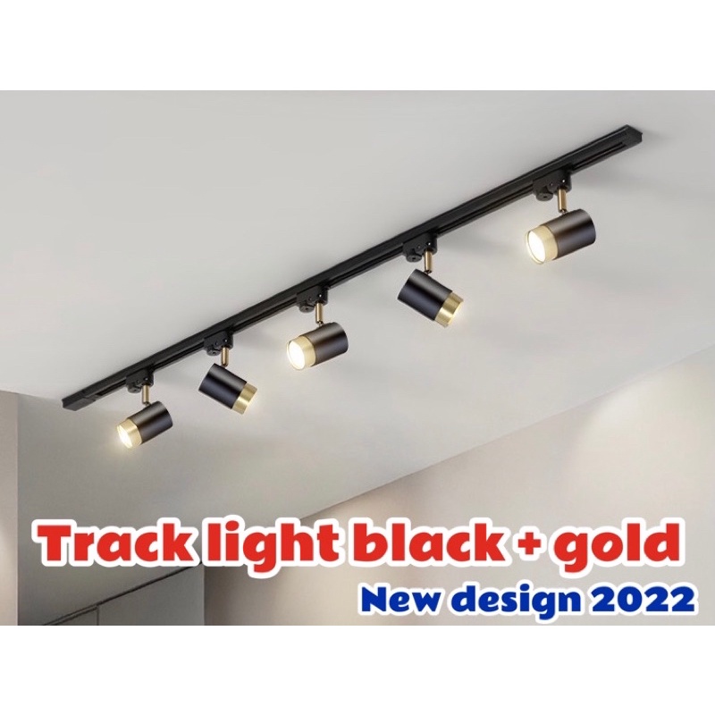 (New) Track light led black + gold lampu sportlight adjustable rail ...