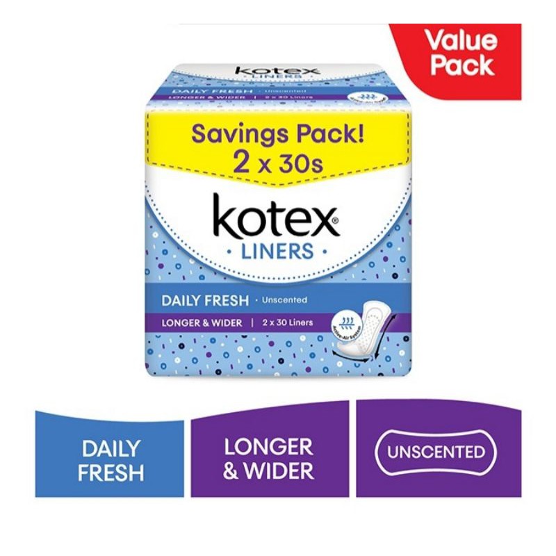 Kotex Liners Longer & Wider Unscented (30's x 2 Pack) / Kotex Liners ...
