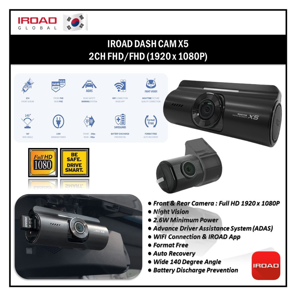 IROAD Dash Cam X5 2CH FHD/FHD (1920 x 1080P) | Shopee Malaysia