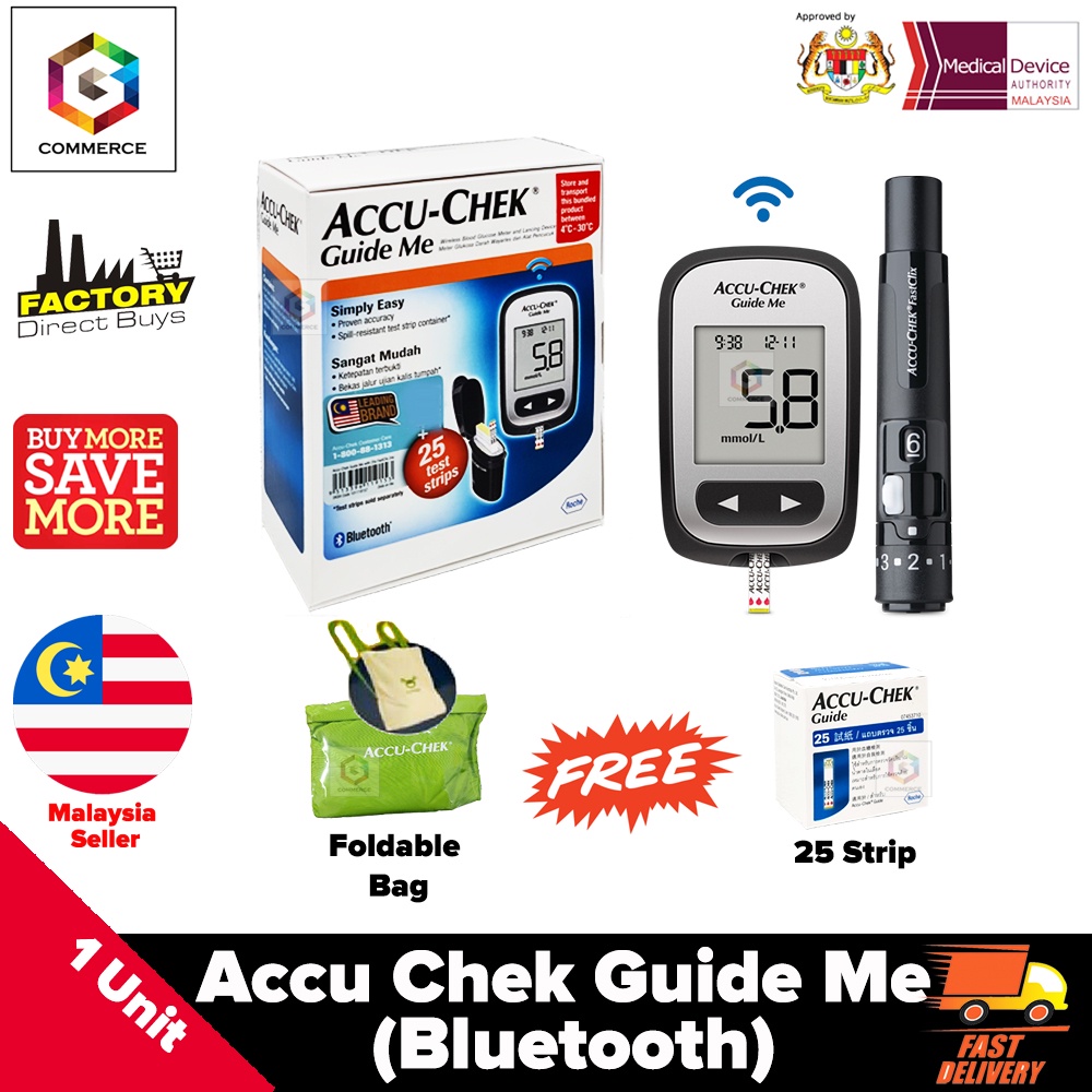 Accu Chek Guide Me Glucometer Blood Glucose Monitor Free Test Strip and ...