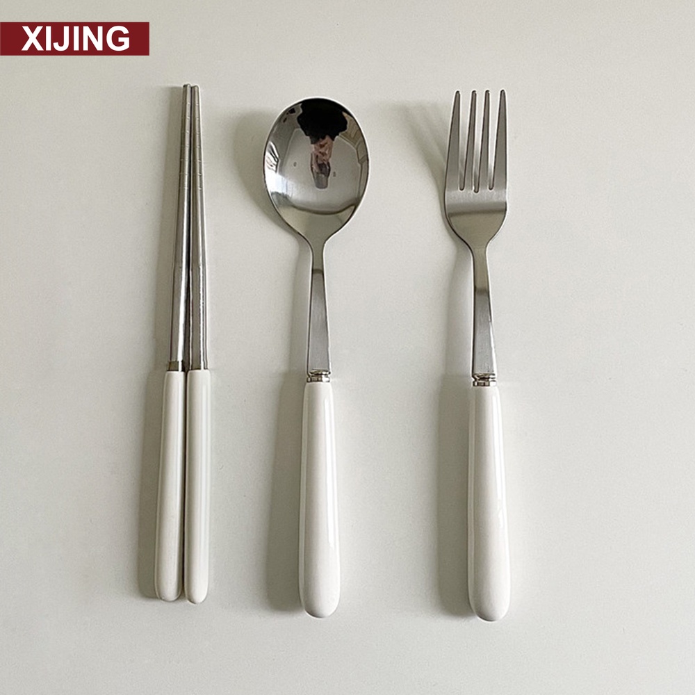 XJ-Simple White Ceramic Stainless Steel Cutlery Fork Spoon Chopsticks ...