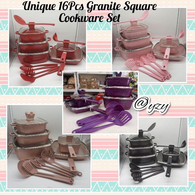 Unique 16Pcs Granite Square Cookware Set | Shopee Malaysia