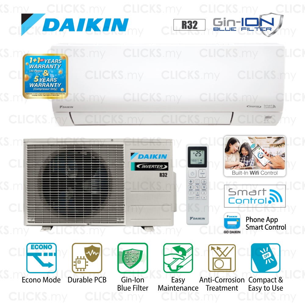 Daikin 1.0HP Standard Inverter Air Conditioner FTKF Series R32 Wifi Smart Control GO Daikin App ...