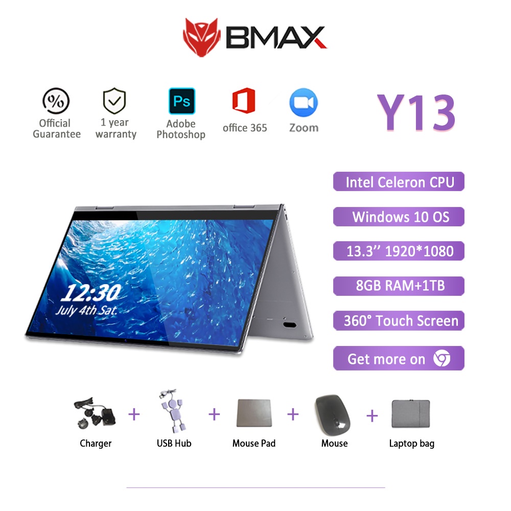 BMAX Y13 360° Laptop 13.3 inch Notebook Windows 10 8GB LPDDR4 256GB SSD ...