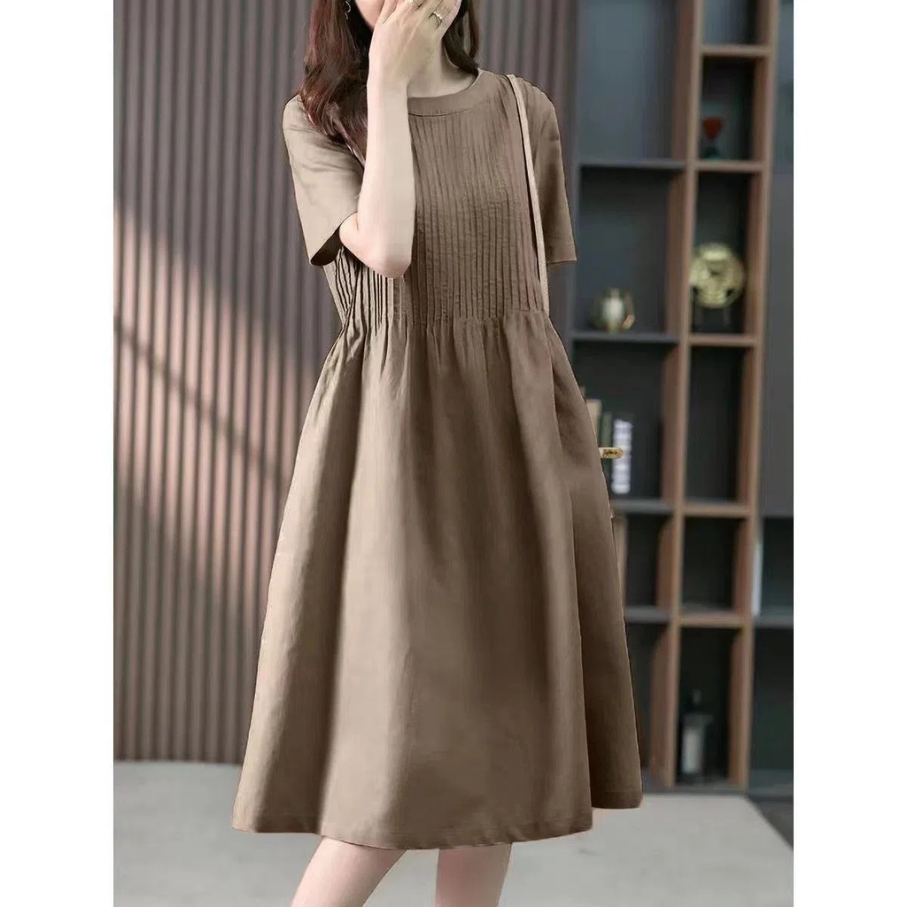 Womens Cotton Linen Dress Mid Length Summer New Style Korean Version