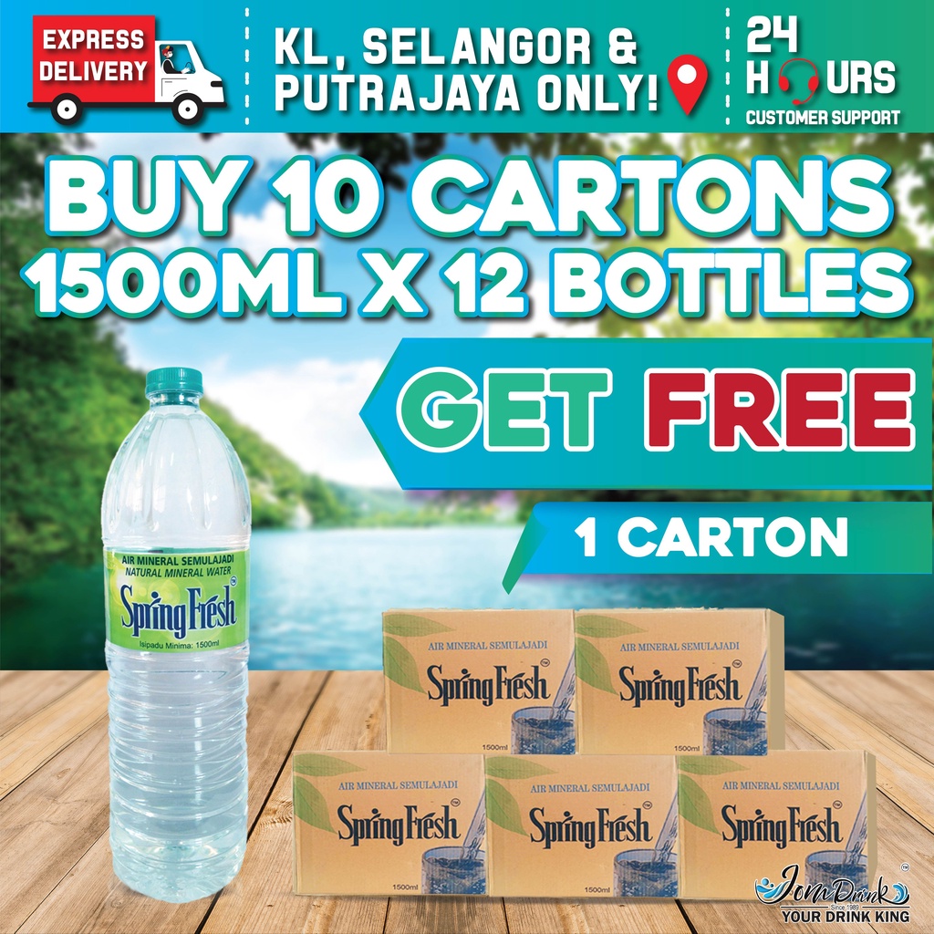 BUNDLE OF 10 CARTONS: SPRING FRESH MINERAL WATER 1500ML x 12 BOTTLES ...