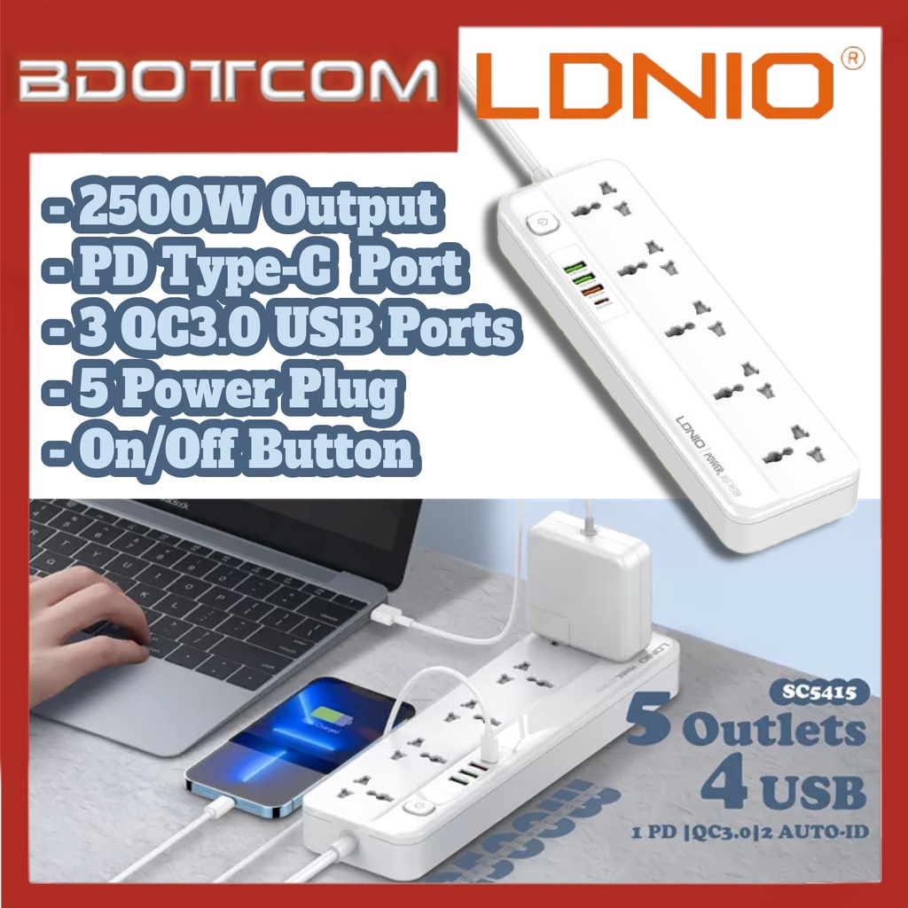 LDNIO SC5415 Multi-Function Power Strip with 5 Power Sockets + 20W PD ...