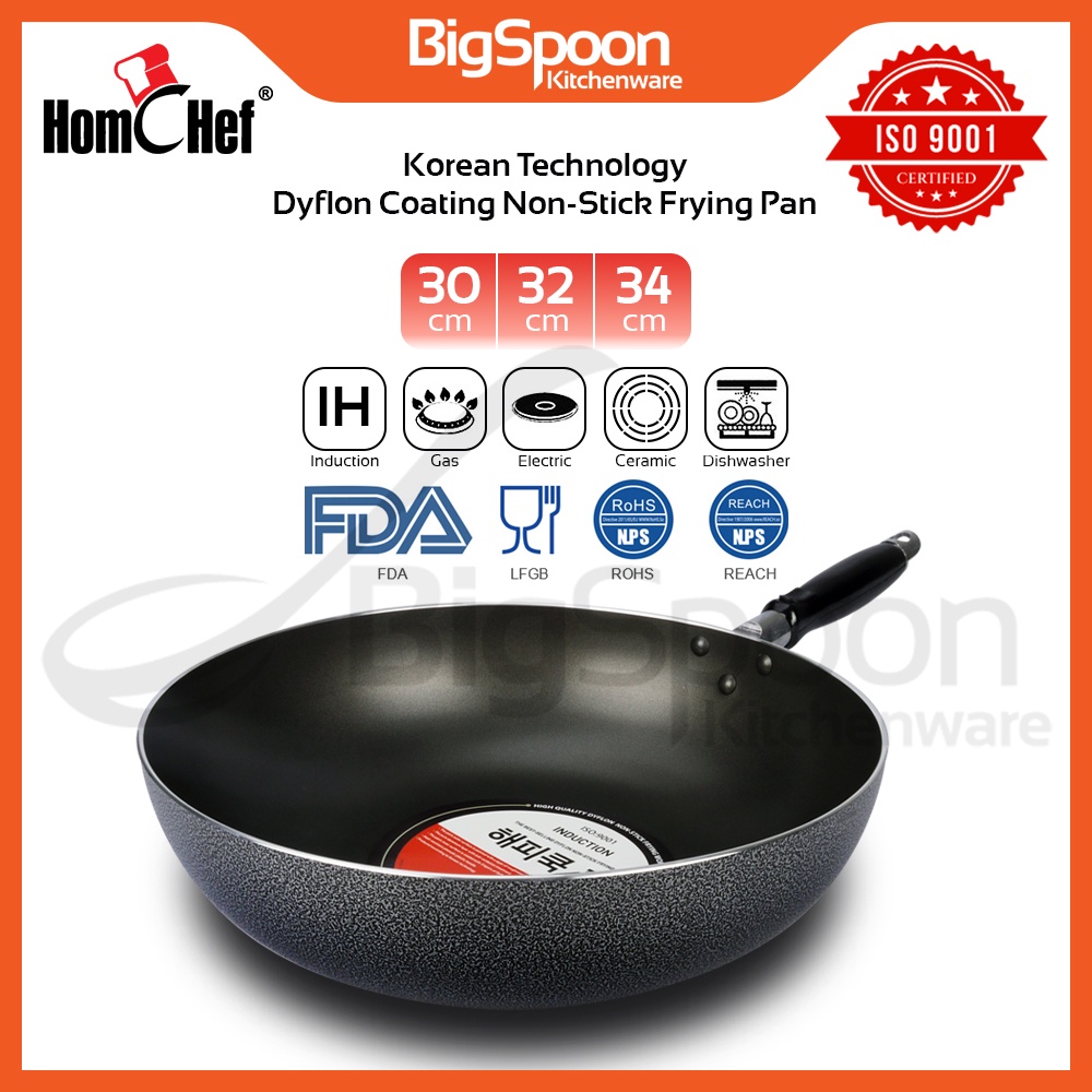 HOMCHEF Aluminium Non-Stick Stir Fry Wok Dyflon Coating Healthy ...