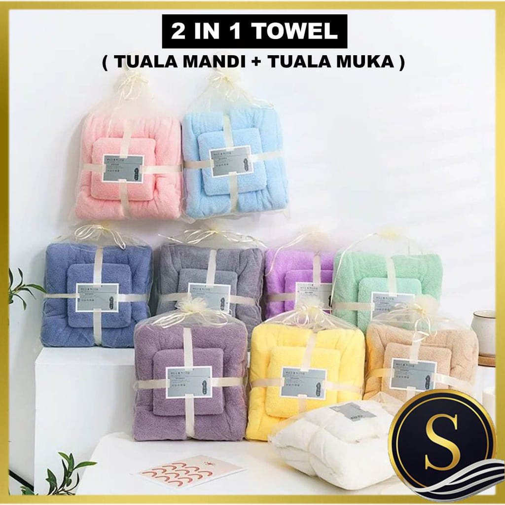 2in1 Towel Set Tuala Mandi + Tuala Muka High Absorbent Soft Bath Towel ...