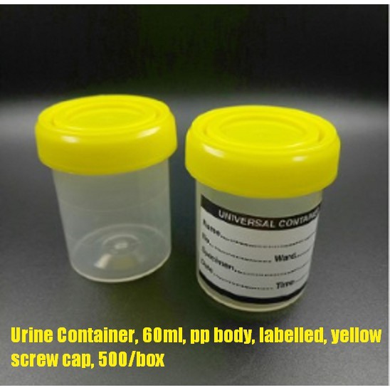 Urine Container, 60ml, pp body, labelled, yellow screw cap, 500/box ...