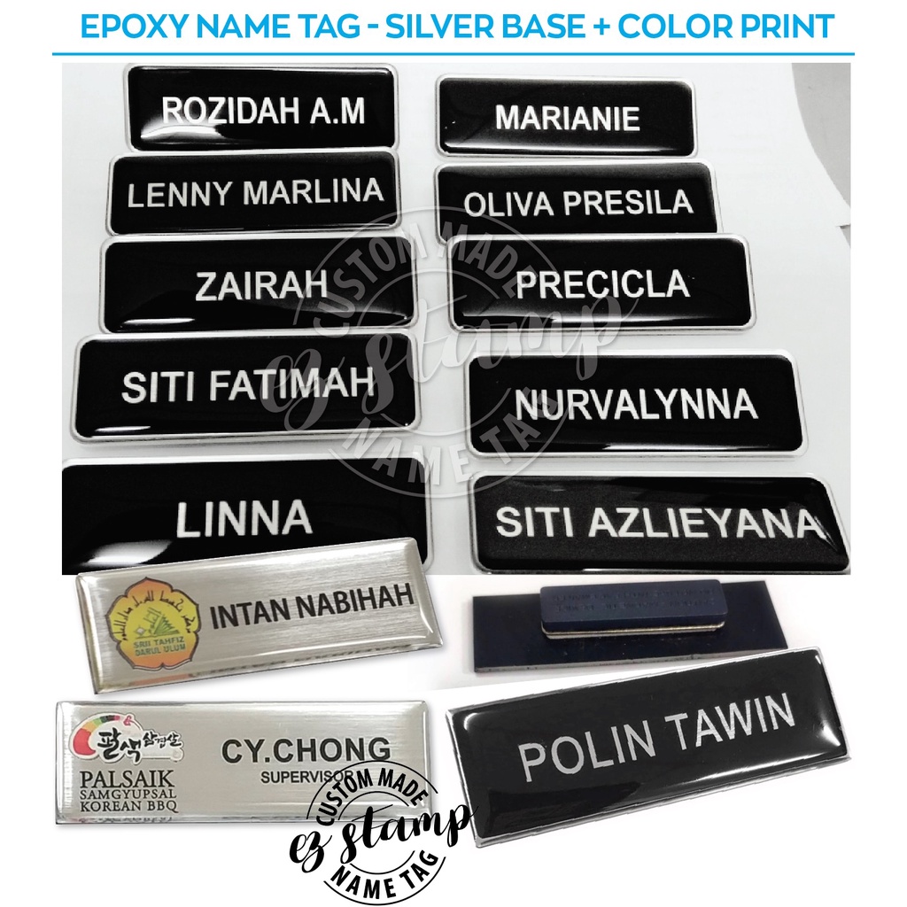 EZ Custom Made Epoxy Name Tag Rumi + Jawi (Back + Gold / Silver) Pin or ...