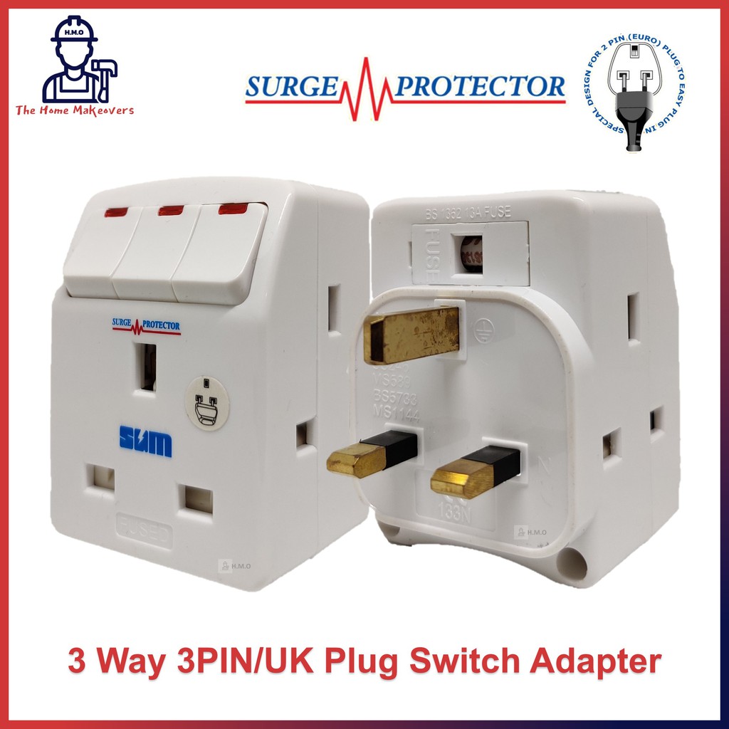 3 Way 13A 250V 3 Pin/UK Plug Switch Adapter (Surge Protector ...