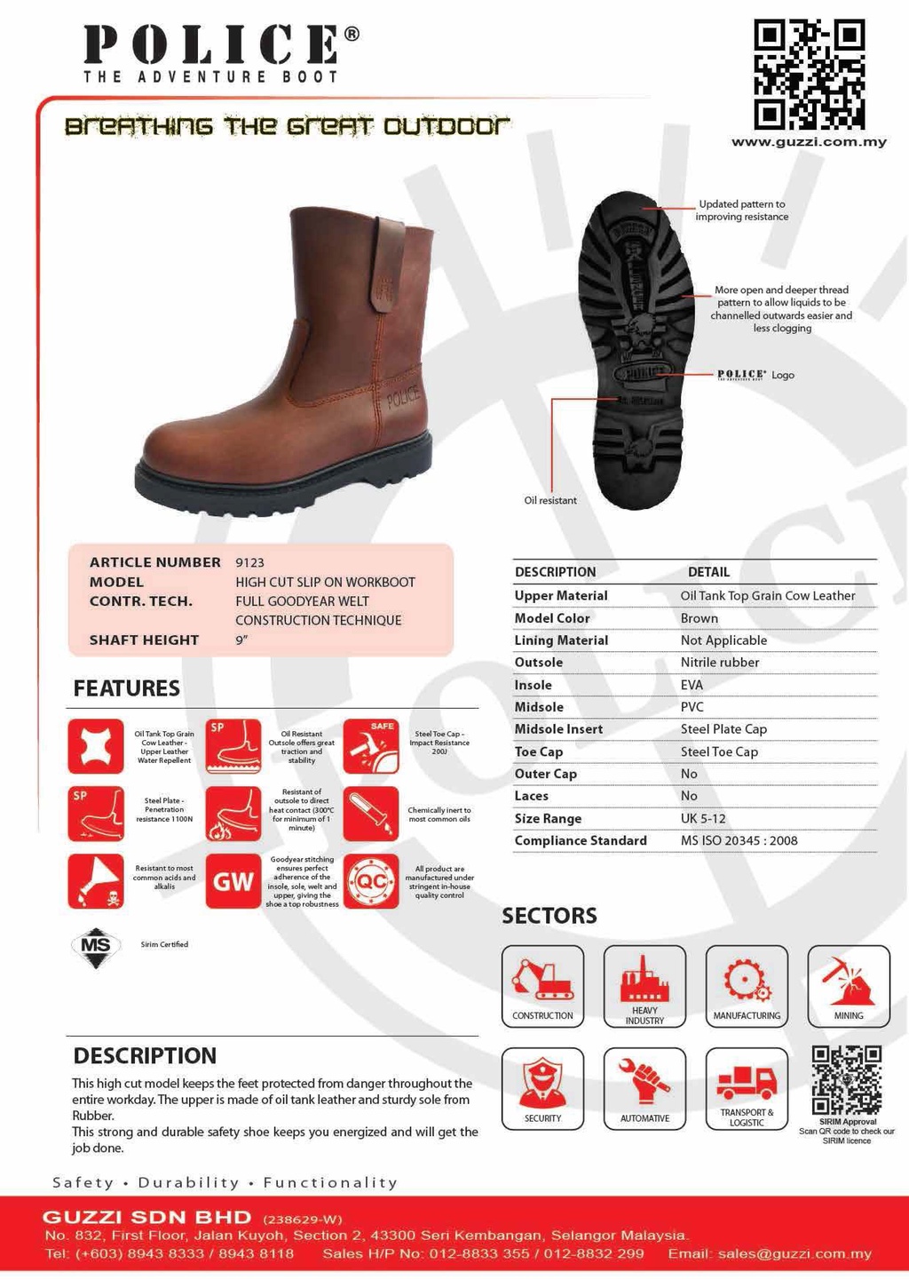 POLICE PREMIUM LEATHER SAFETY BOOT 9123-K75P [ KULIT TEBAL SAFETY BOOT ...