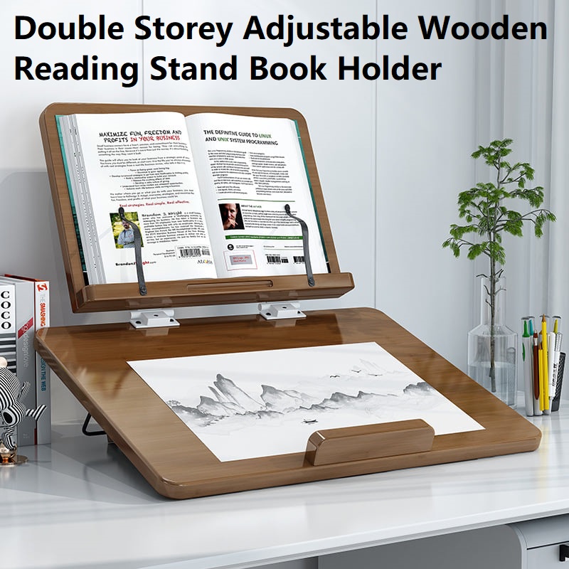 Double Storey Adjustable Portable Wooden Reading Stand Book Holder ...