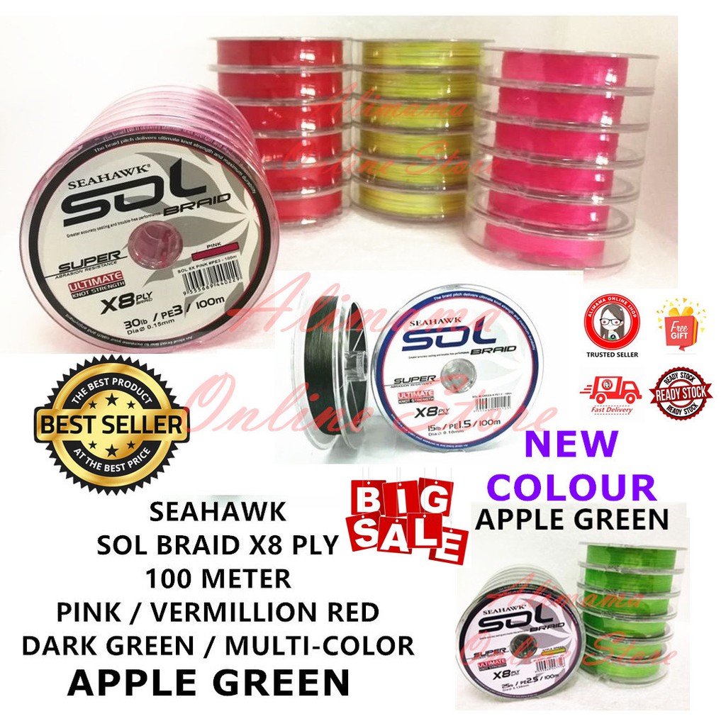 SEAHAWK 100M SOL BRAID X8 PLY FISHING LINE PINK / VERMILLION RED / DARK ...