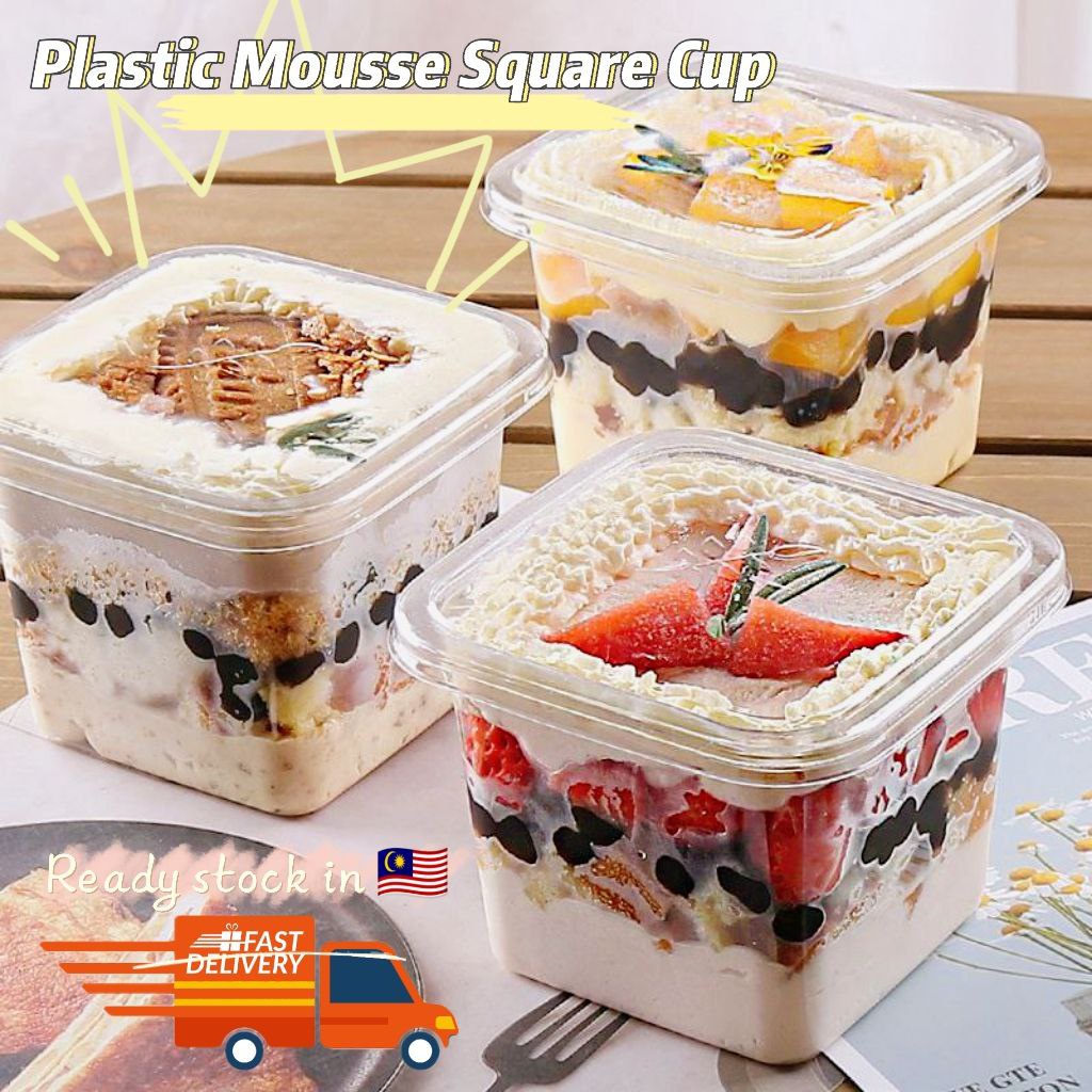 Ready Stock Transparent Plastic Mousse Cup Square Cake Box 400ml Bekas ...