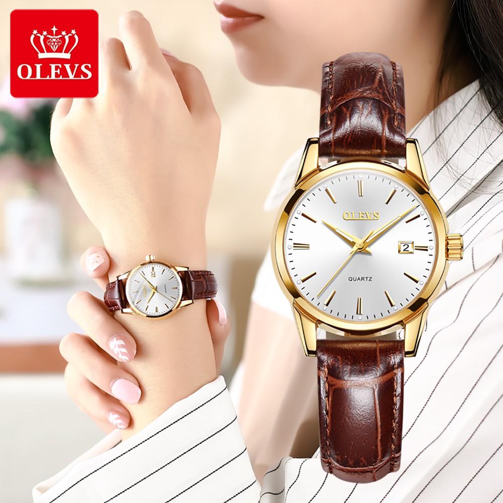 Olevs Brown Leather Watch Women Date Luminous Watches Women Quartz