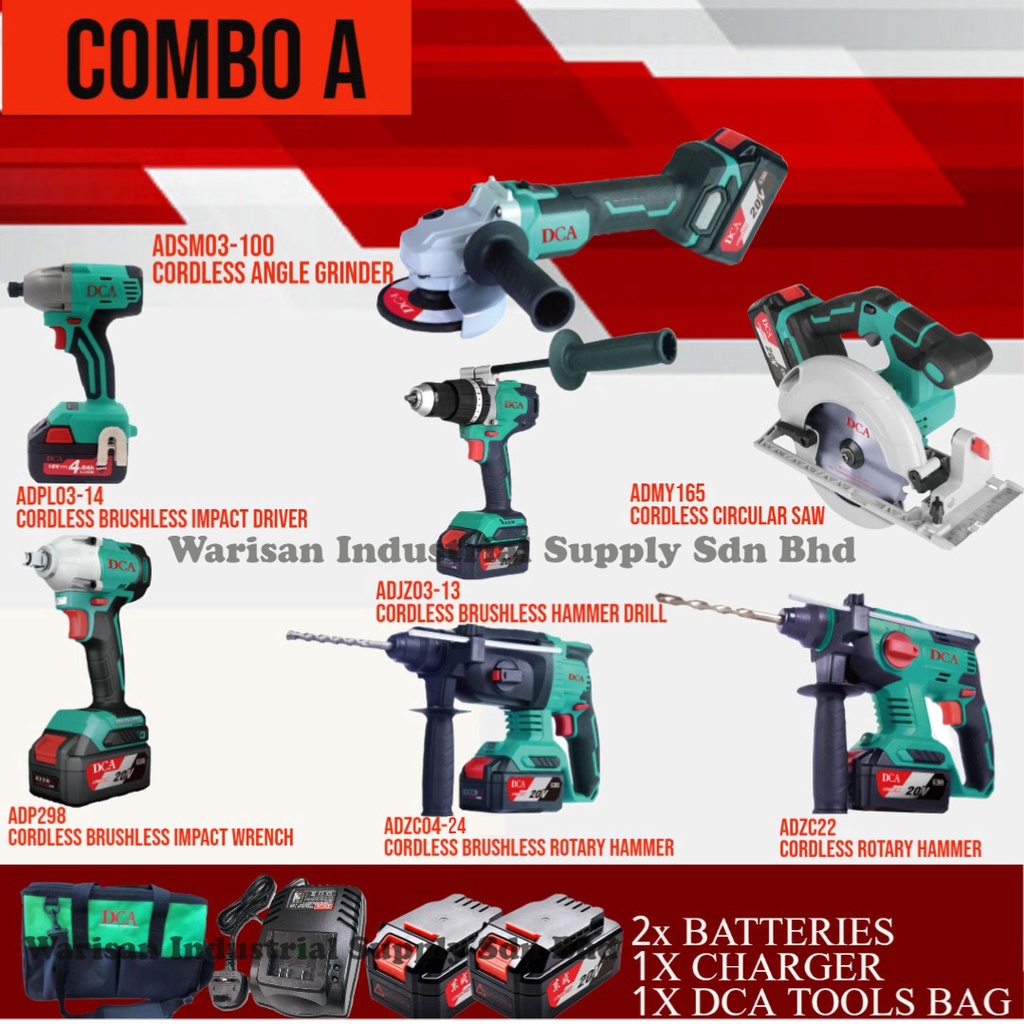 DCA 20V CORDLESS BRUSHLESS COMBO SET C/W 2PCS BATTERY & 1 CHARGER ...