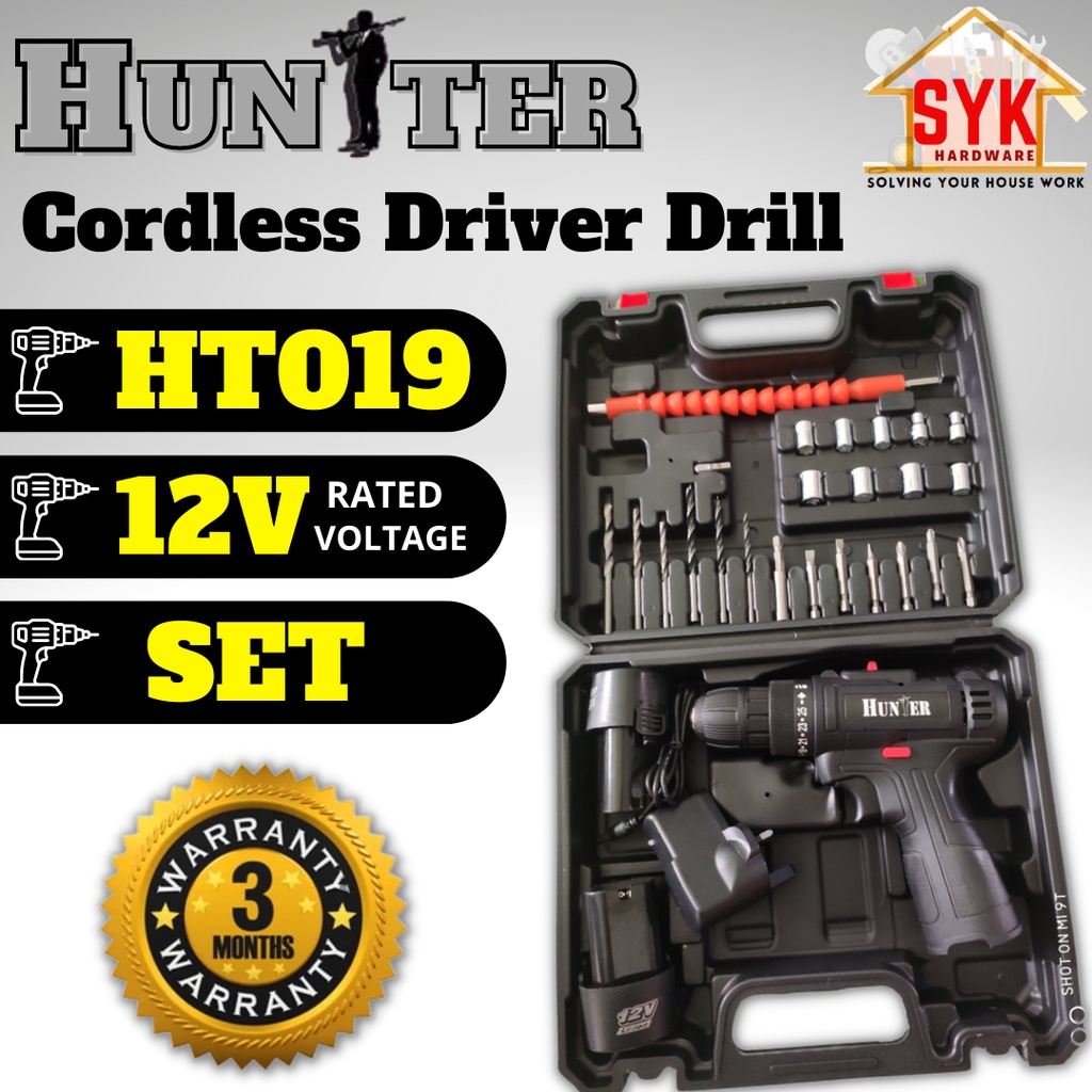 SYK HUNTER HT019 Professional Cordless Driver Drill Battery Drill For Wood Steel Set 12V (With ...