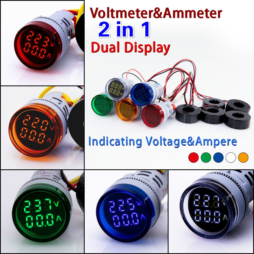 Mini Digital Voltmeter Ammeter 22mm Round AC 50-500V 0-100A Amp Volt ...