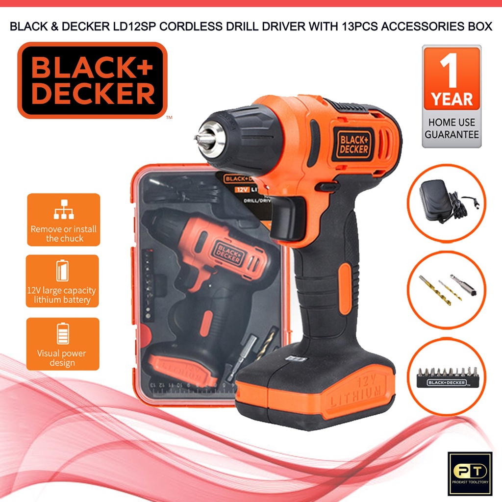 BLACK & DECKER LD12SP Cordless Driver Drill 12V Plus 13-Piece ...