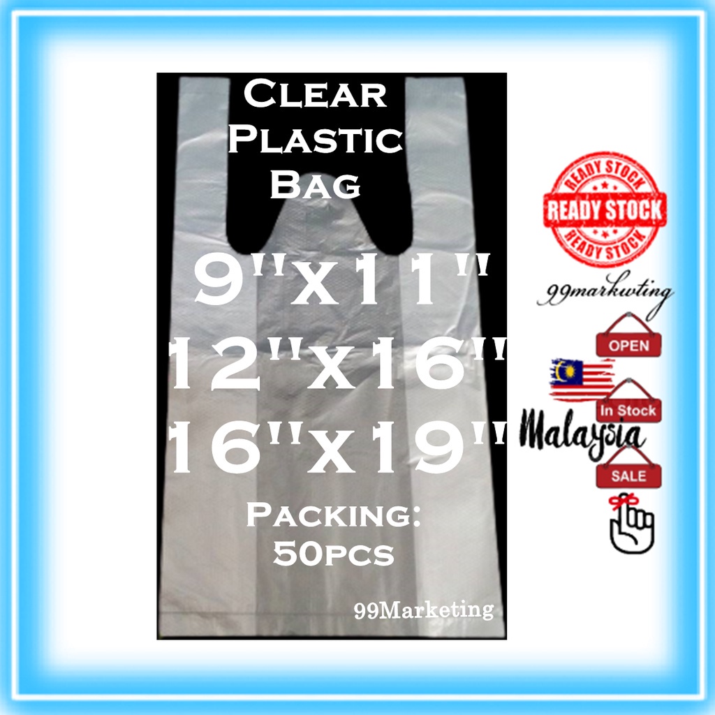 50PCS Clear Transparent Plastic Shopping Bag Plastik Lutsinar Tangkai ...