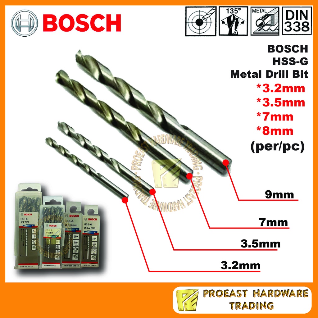 BOSCH HSS-G Metal Drill Bit 3.2mm, 3.5mm, 7mm, 9mm - per pc | Shopee ...
