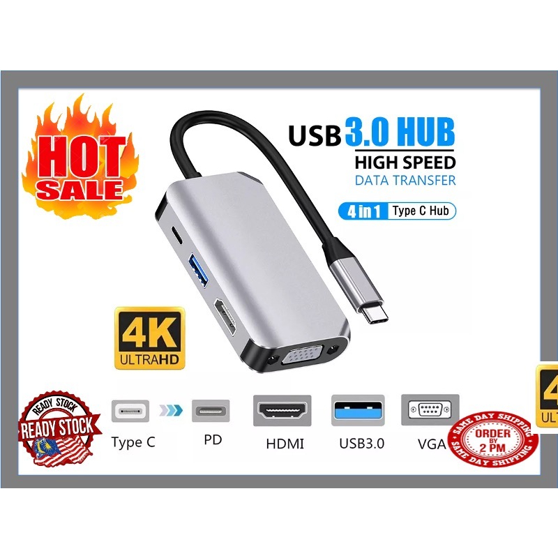 4 IN 1Type C Docking Station Penukar Extend USB Splitter to HDMI VGA HUB Hub Multi-Function ...