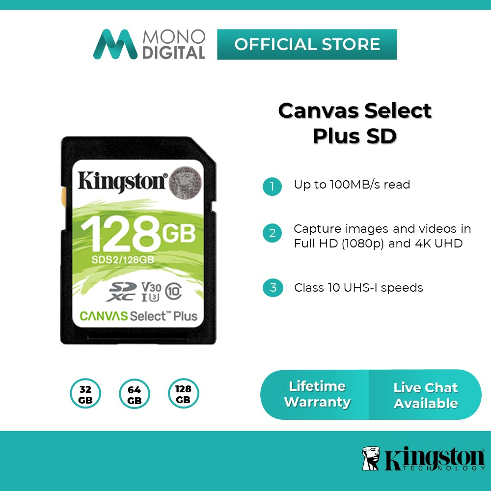 Kingston SD Card Canvas Select Plus SD 100MB/s Class10 SDS2 Memory Card (32GB/64GB/128GB ...