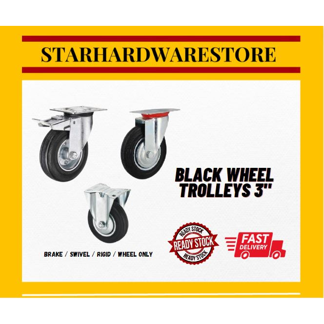 Black 3 Inch/75mm Industrial Rubber Brake / Swivel / Rigid Castor ...