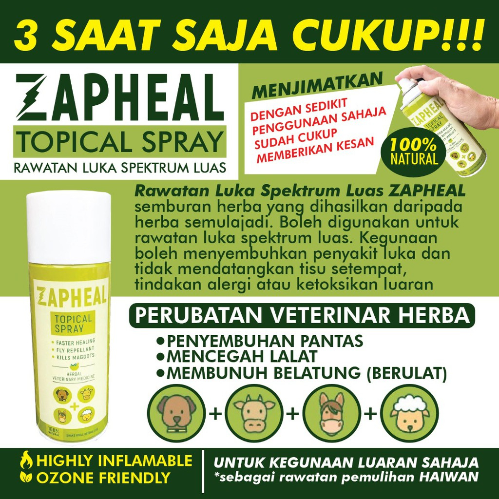 ZAPHEAL WOUND SPRAY 400ML - UBAT KURAP ARNAB KUCING LEMBU [SPRAY LUKA 3 ...