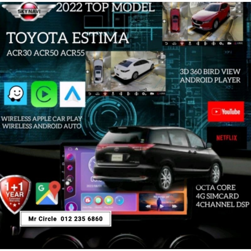 TOYOTA ESTIMA (ACR30 / ACR50) 3D 360 BIRD VIEW CAMERA + ANDROID PLAYER +24 HOUR DVR VIDEO RECORD ...