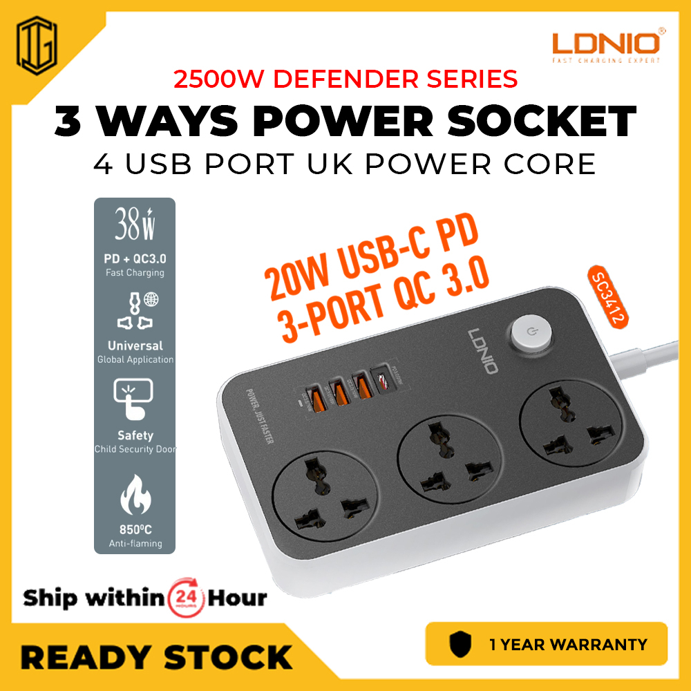 LDNIO 2500W Defender Series 3 Ways Power Socket 4 USB Port UK 3 Pin ...