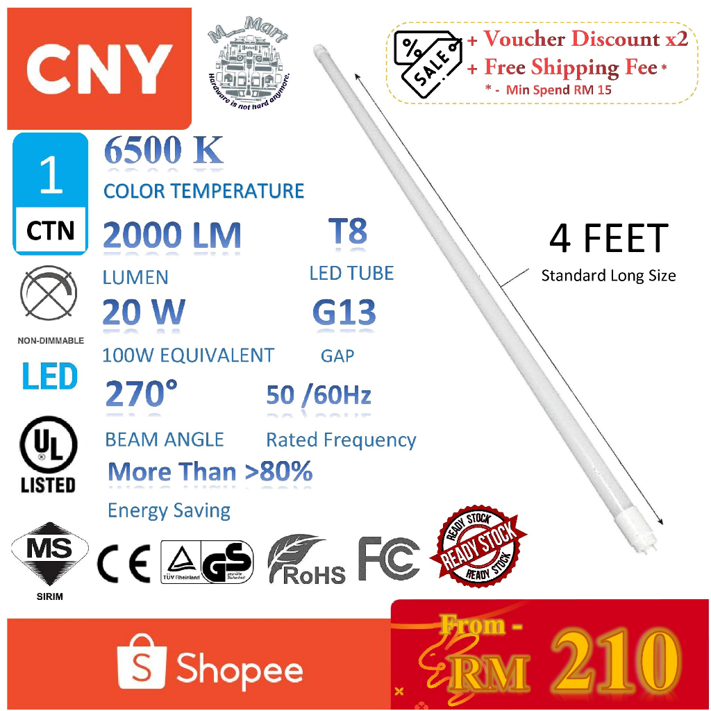 Lumitec 4FT LED Tube T8 [ SIRIM ] 30Pcs Daylight 6500K Energy Saving up tp 80% | Shopee Malaysia