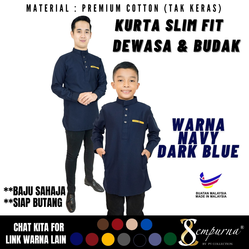 READY STOCK ~ KURTA NAVY DARK BLUE SLIM FIT KAIN COTTON DEWASA & BUDAK ...