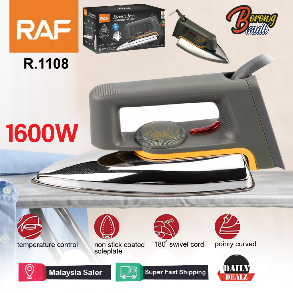 RAF Electric Dry Iron Adjustable Temperature for Clothes Stainless Steel Non Stick Soleplate ...