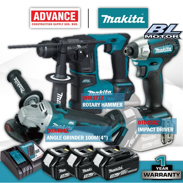 MAKITA 18V Cordless Combo Set RM2388 ( DGA404RFE Angle Grinder / DTD157Z Impact Driver / DHR171Z ...