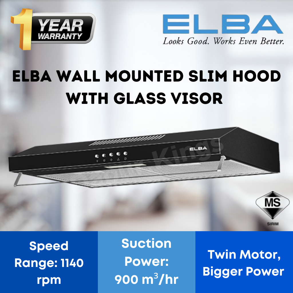 Elba Wall Mounted Kitchen Slim Hood with Glass Visor ESH-M7598(BK) / 900m3/hr Twin Motor ...