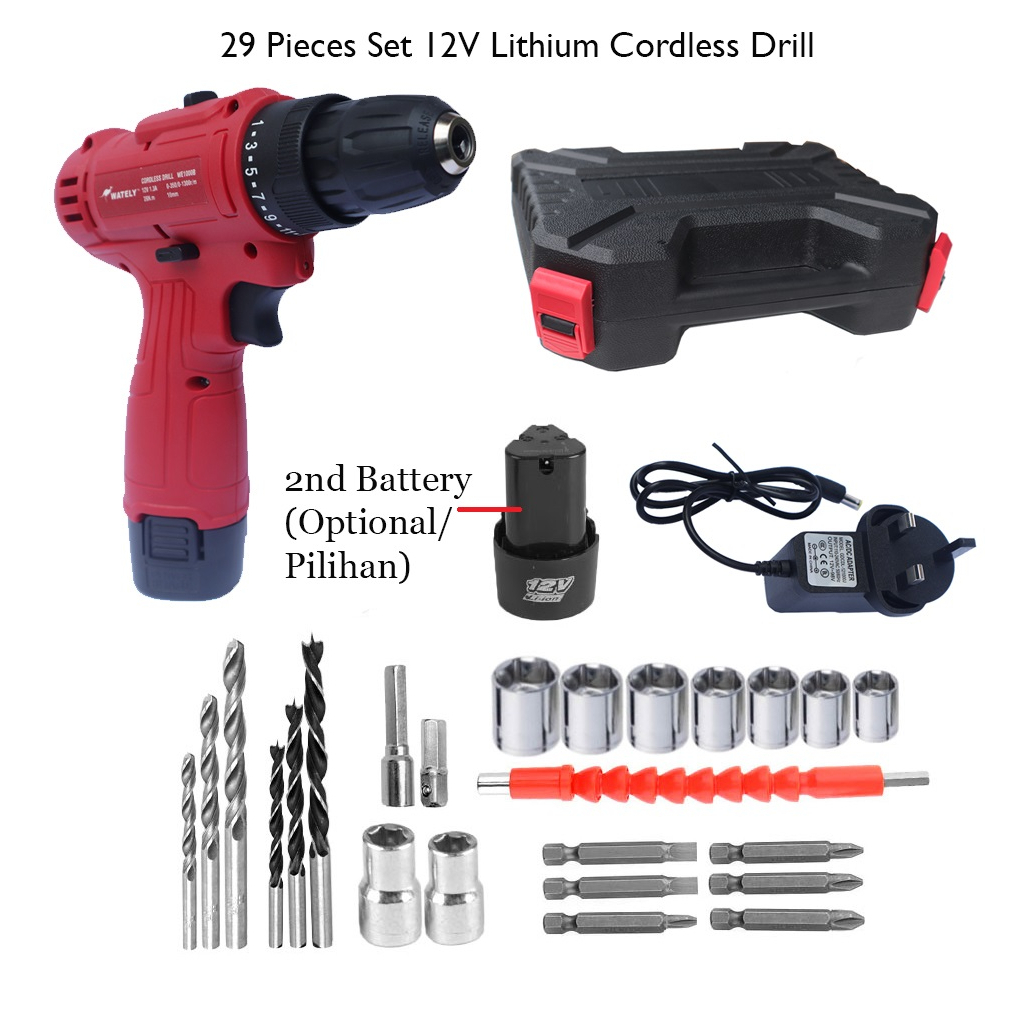 Wately Battery Cordless Drill 12V with 27pcs Bits, socket nut and Li ...