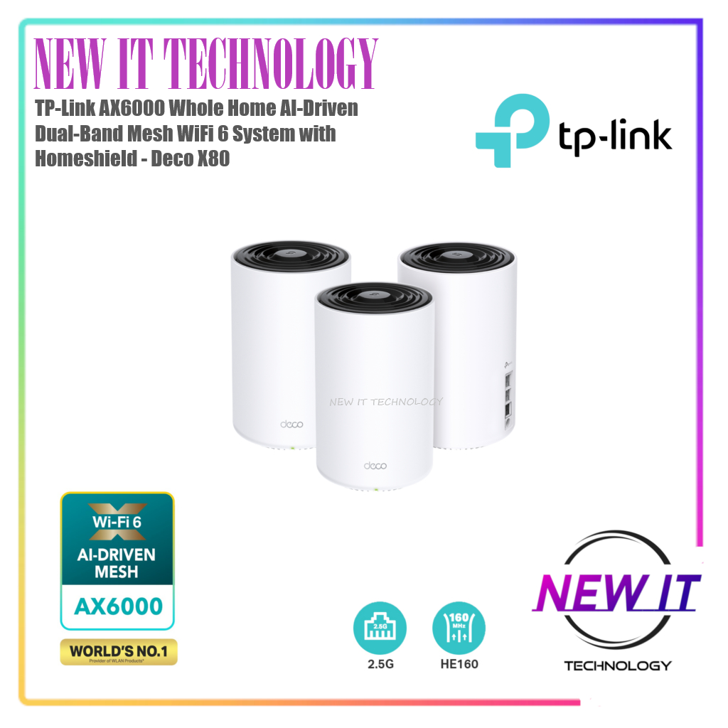 TP-Link Deco X80 AX6000 Whole Home AI-Driven 2.5G Dual-Band Mesh WiFi 6 Router System with ...