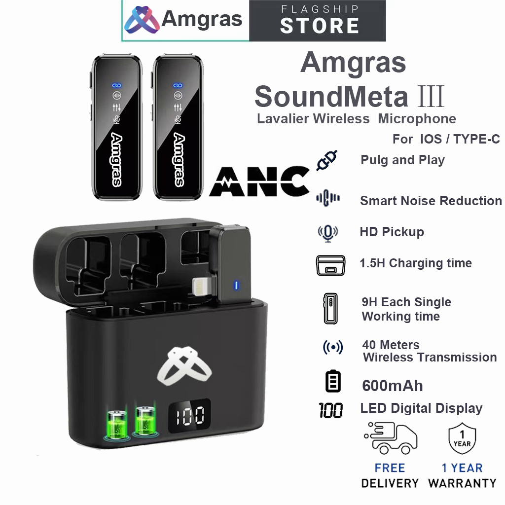 Amgras SoundMeta Ⅲ Wireless Lavalier Microphone ANC Microphone for ...