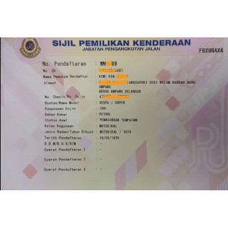 geran / gerant / sijil pemilikan kenderaan jpj vespa super untuk dijual ...