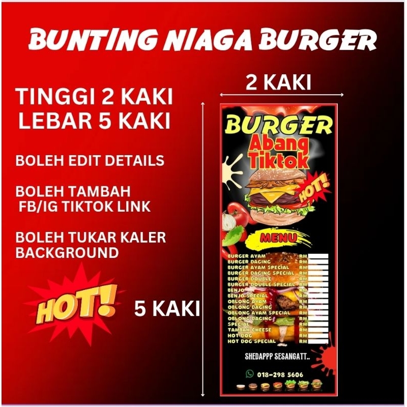 bunting banner burger 2 kaki x 5 kaki niaga cantik murah cepat siap | Shopee Malaysia