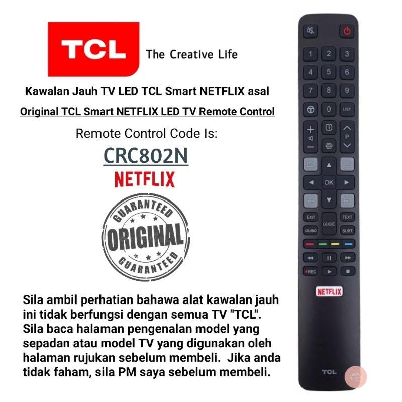 Original TCL Smart NETFLIX LED TV Remote Control CRC802N | Shopee Malaysia