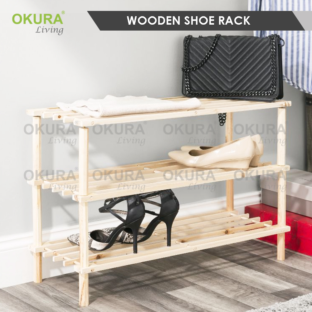 OKURA 3 Tier Wooden Shoe Rack / Storage Rak Kasut | Shopee Malaysia