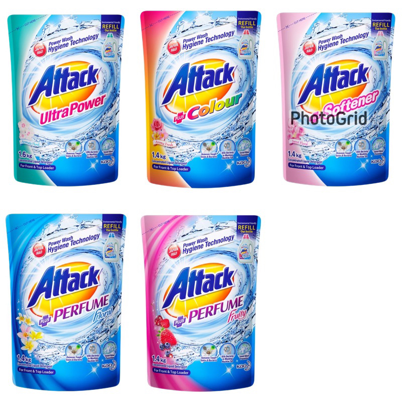 KAO ATTACK Refill Liquid Detergent 1.4-1.6 kg ( Ultra Power / Colour / plus Softener / Fruity ...