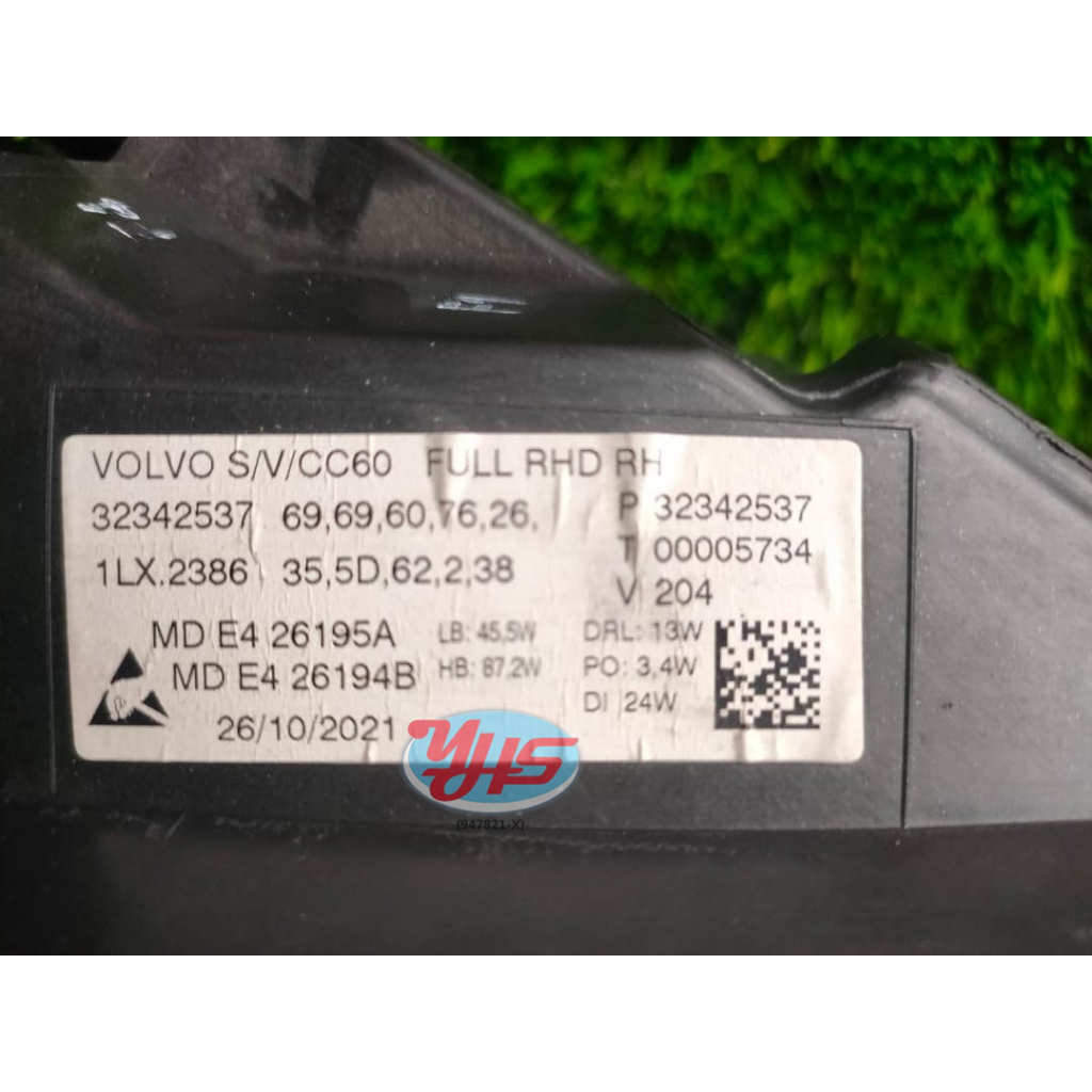 Volvo S60 / V60 T8 2019Y Headlight RH Right S / V / CC60 FULL RHD ...